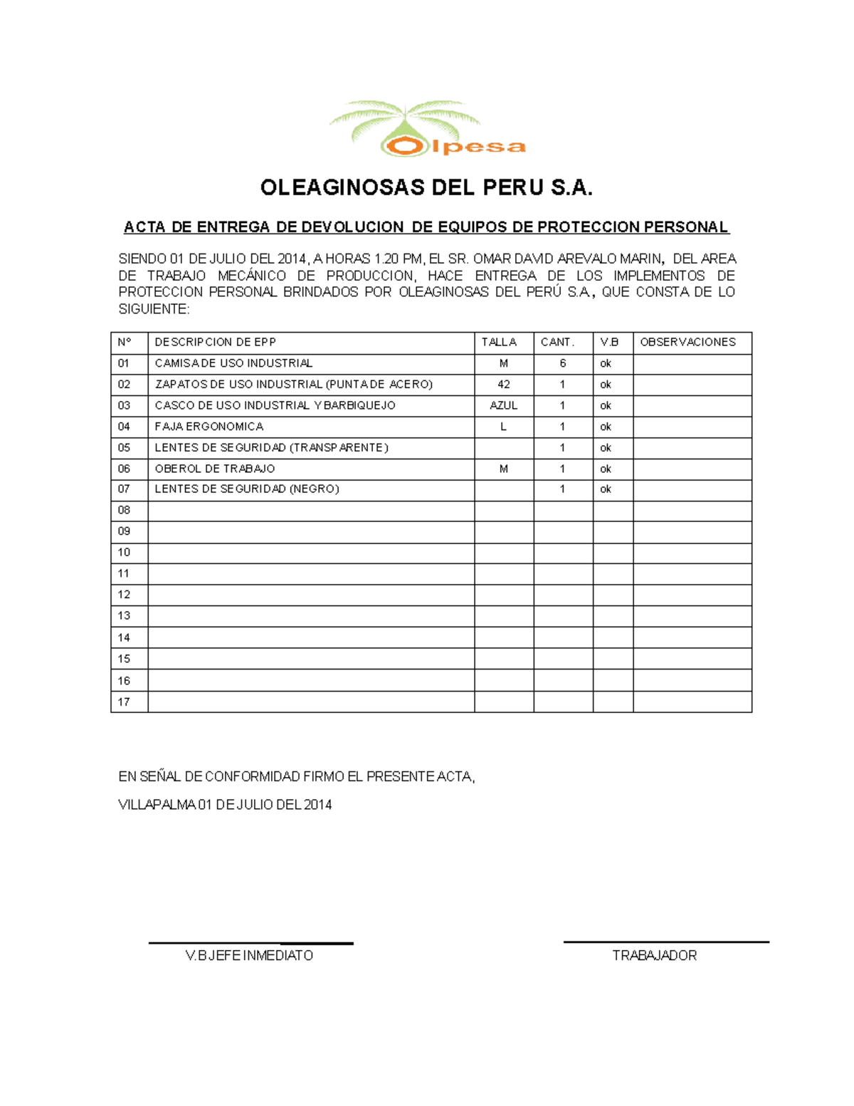 Acta de devolucion de EPP - OLEAGINOSAS DEL PERU S. ACTA DE ENTREGA DE DEVOLUCION DE EQUIPOS DE ...