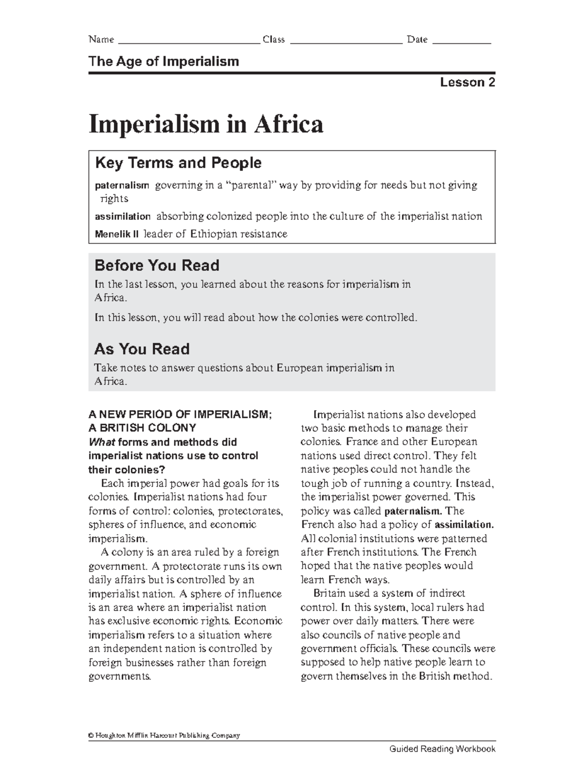 Age of imperlism - history work - The Age of Imperialism Lesson 2 ...