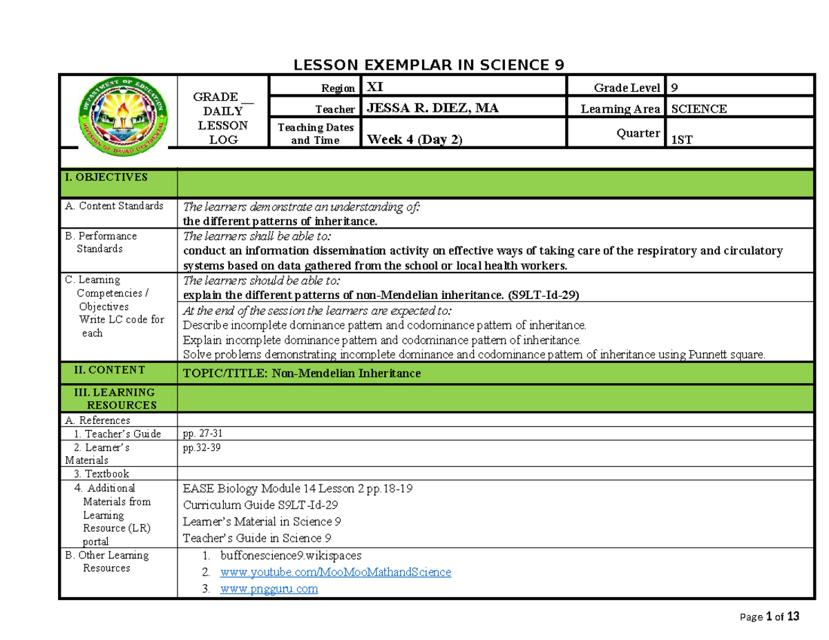 Grade 9 - 1ST Quarter - WEEK 4 - DAY 2 - LESSON EXEMPLAR IN SCIENCE 9 ...