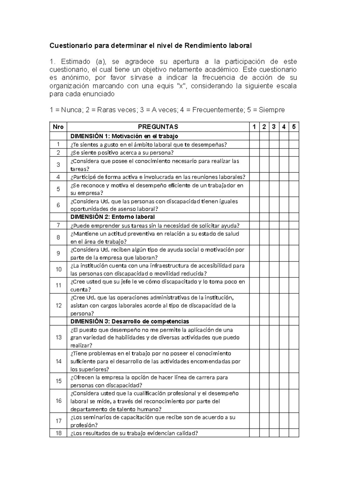 Instrumento rendimiento laboral - Cuestionario para determinar el nivel ...