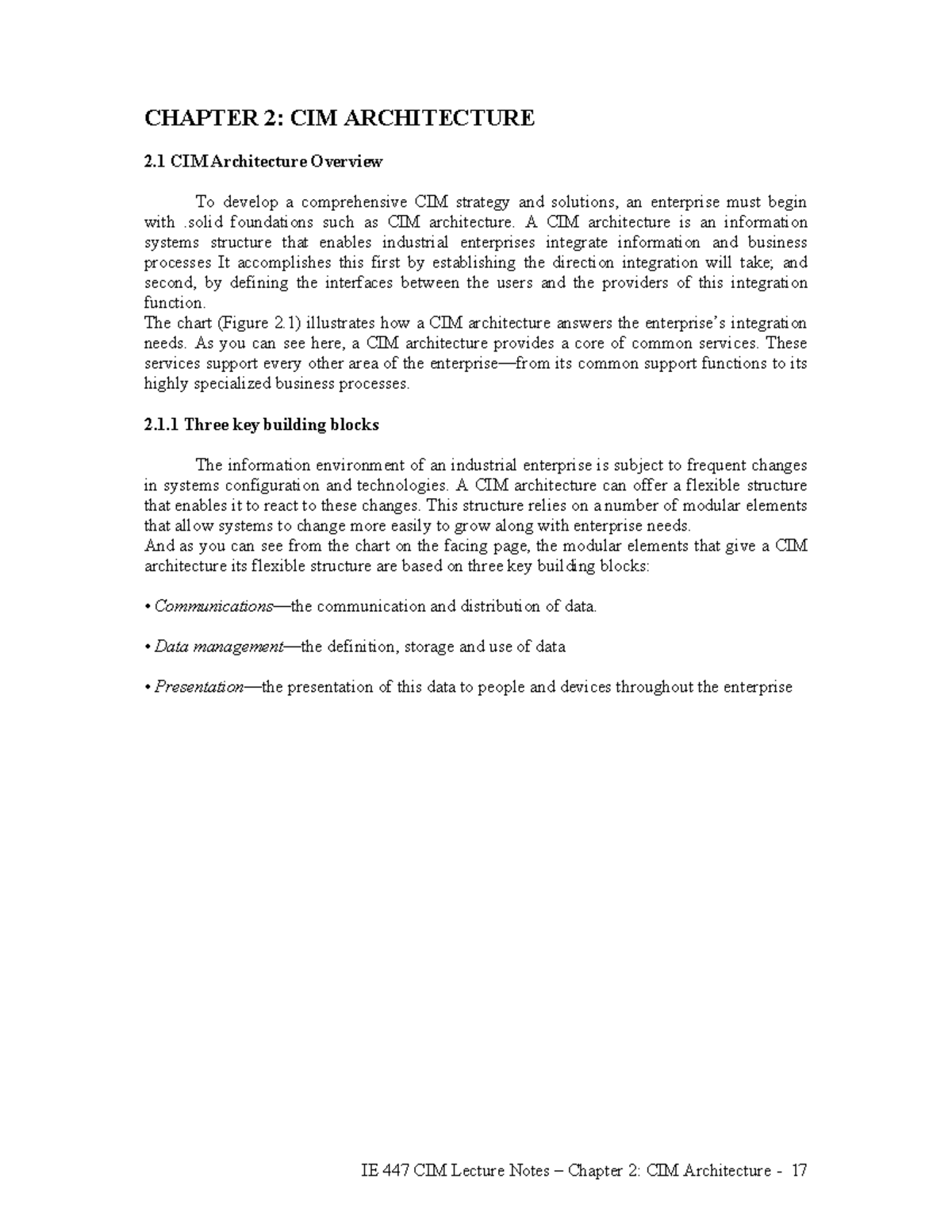 CIM Lecture Notes 2 - Book - CHAPTER 2: CIM ARCHITECTURE 2 CIM ...