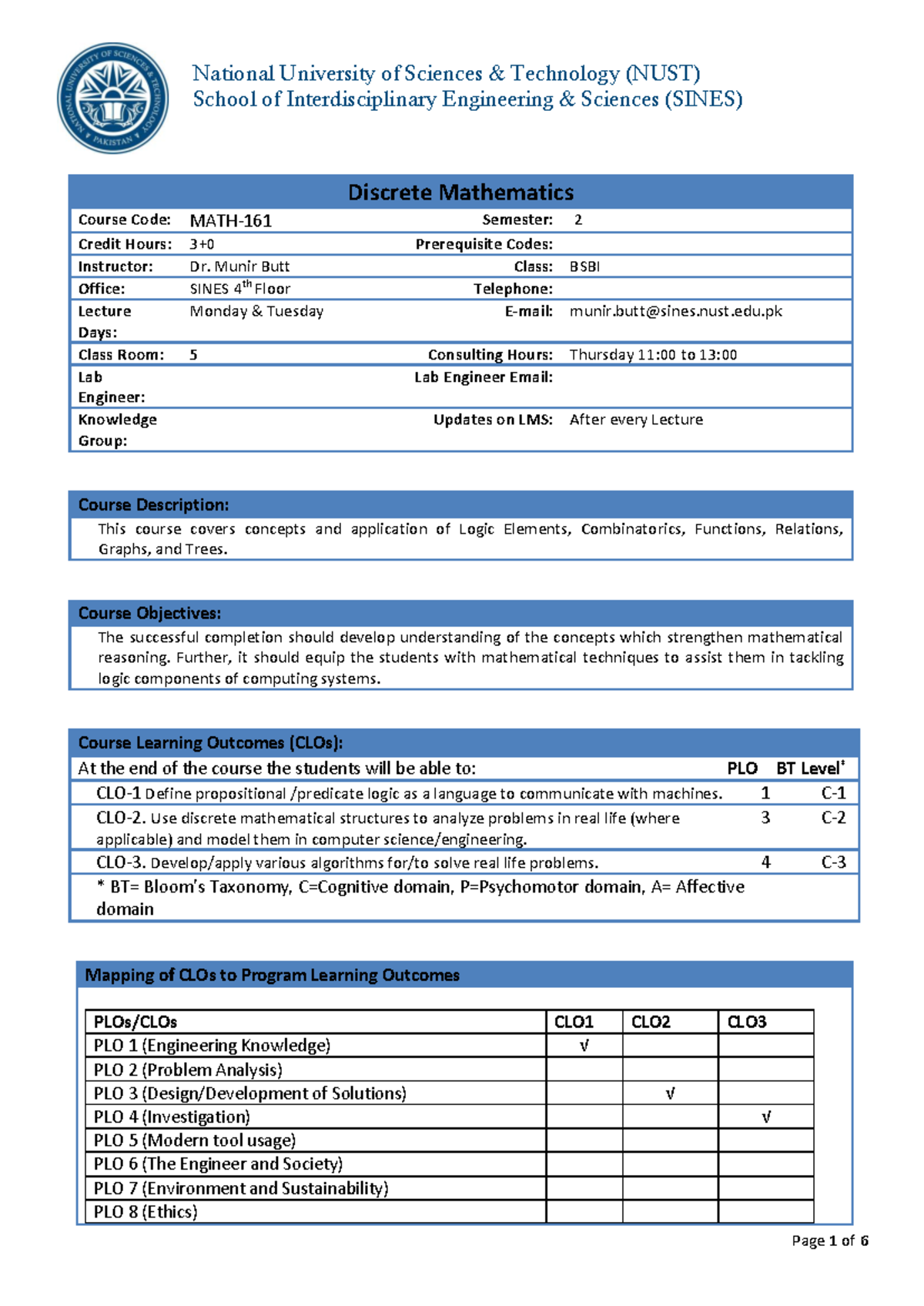 Syllabus MATH-161 Discrete Mathematics - School of Interdisciplinary ... Syllabus MATH-161 Discrete Mathematics - School of Interdisciplinary ...
