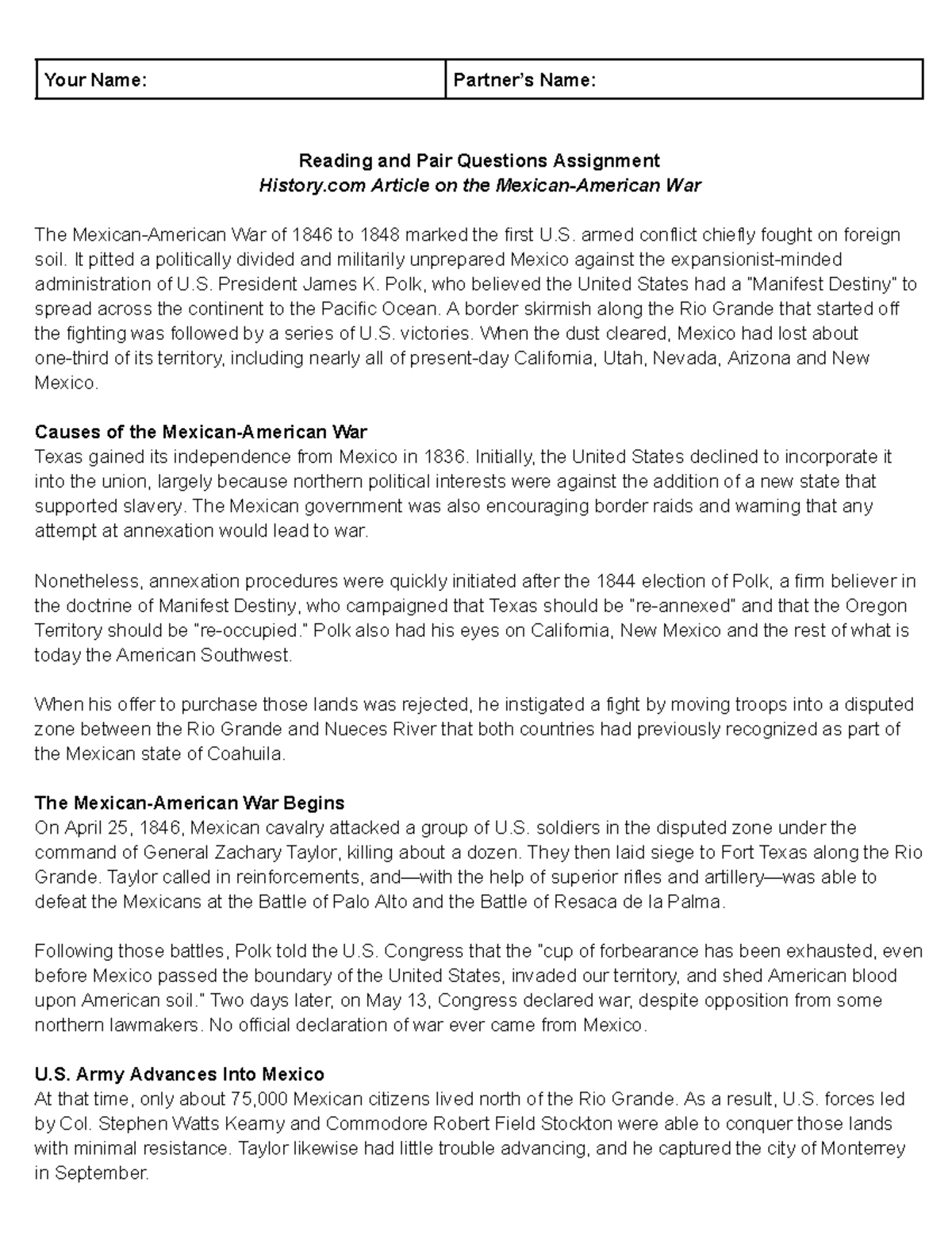Kami Export - USHistory Mexican American War Readingand Pair Share QA-1 ...