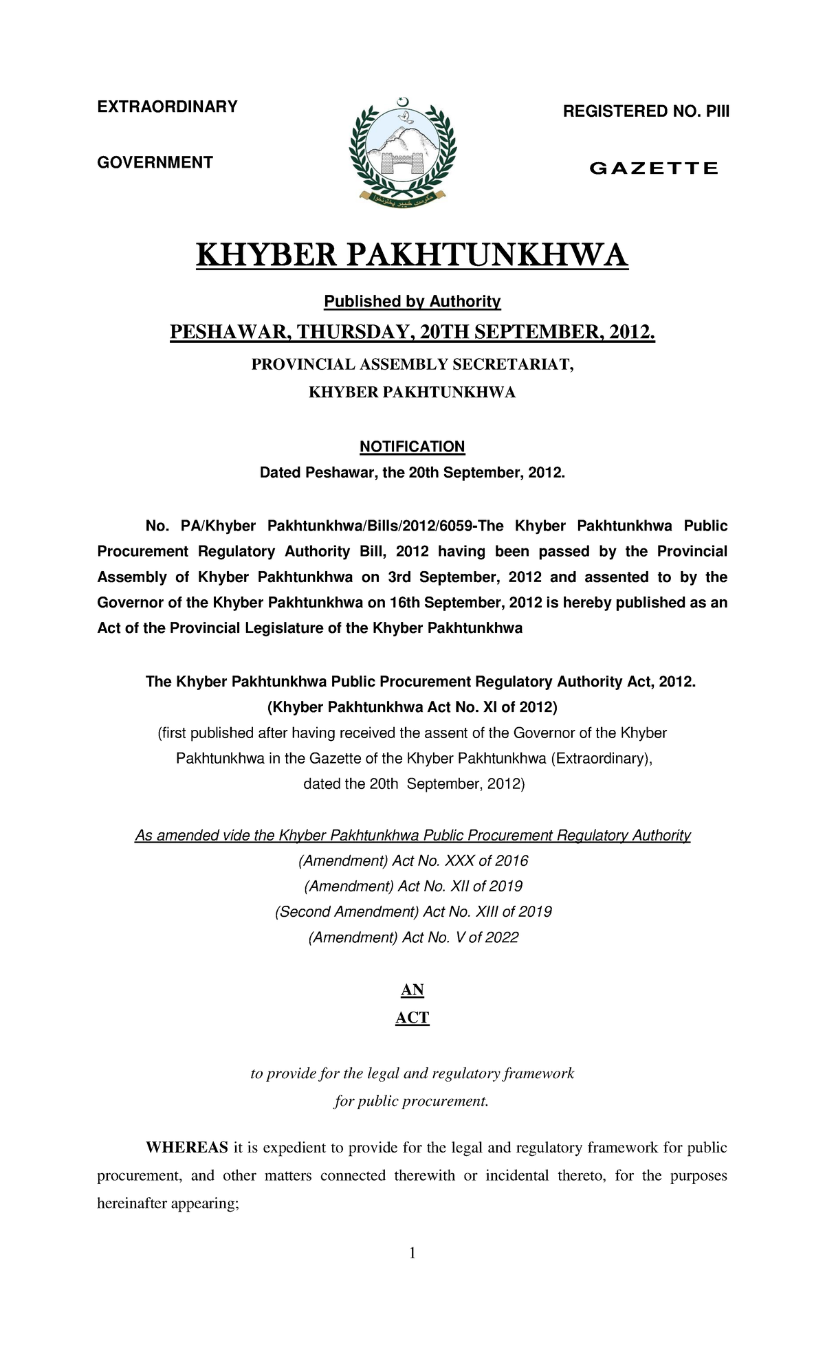 Kppra Amendment Act, 2022 Final - EXTRAORDINARY GOVERNMENT KHYBER ...
