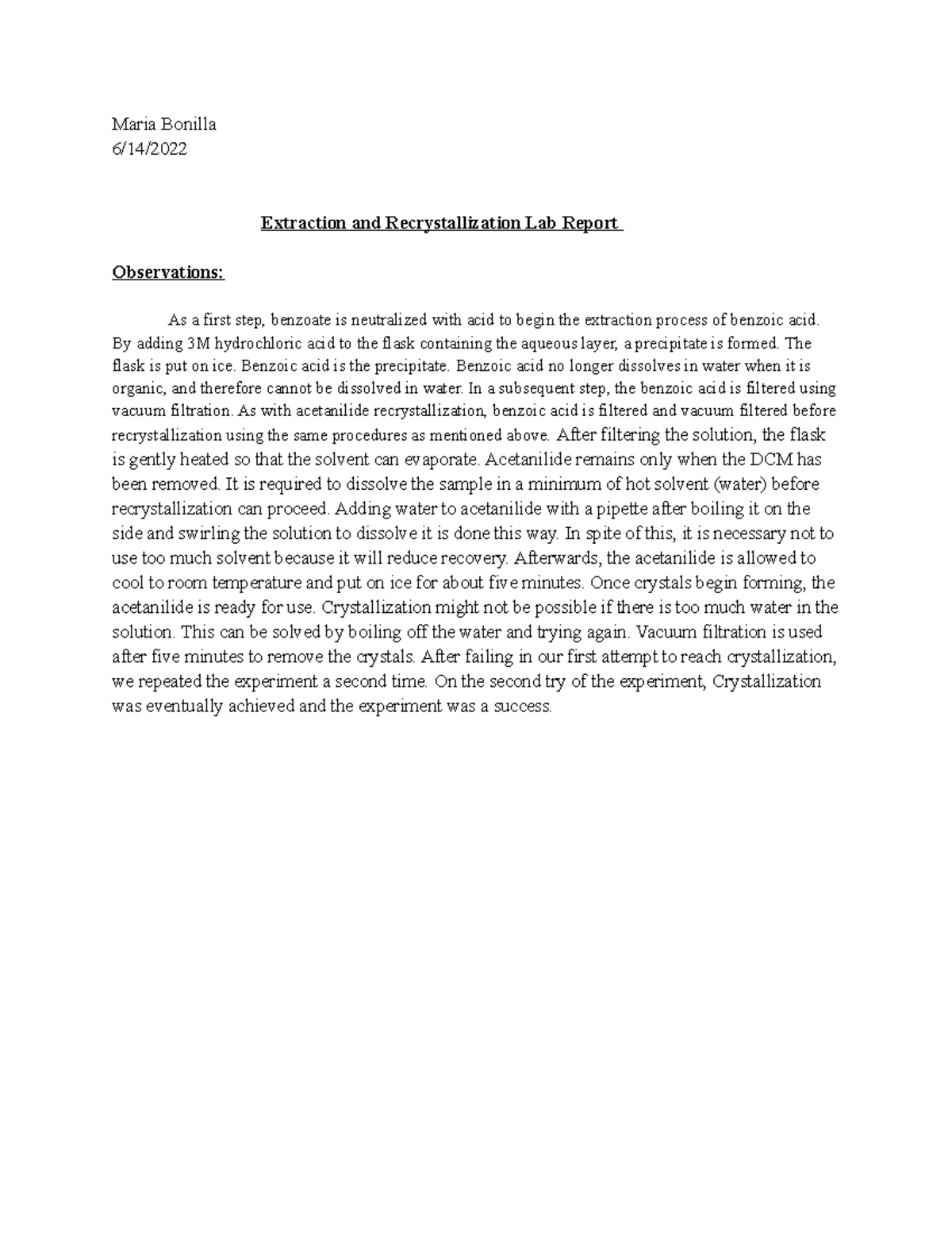 Lab report 3 - Maria Bonilla 6/14/ Extraction and Recrystallization Lab ...