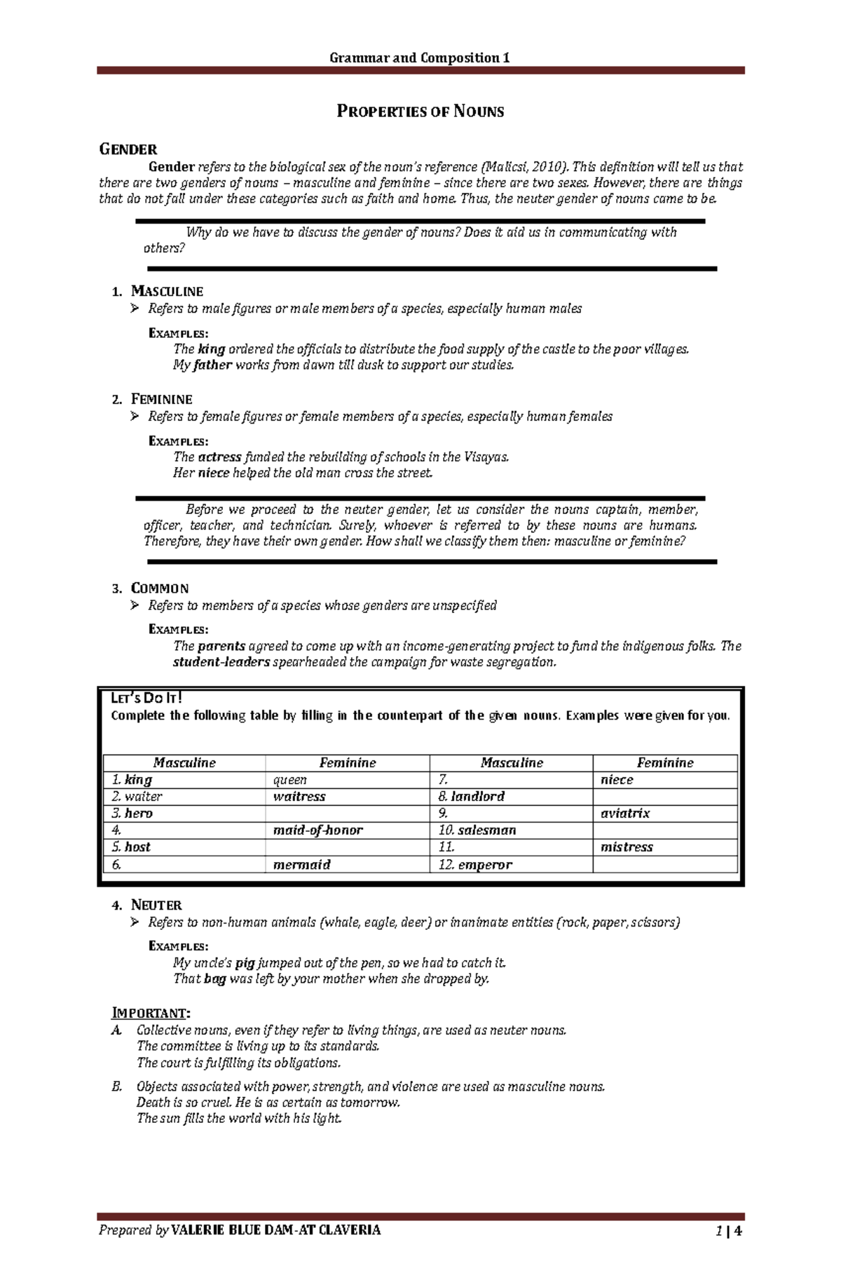 3 Properties of Nouns - lesson - Grammar and Composition 1 Prepared by ...