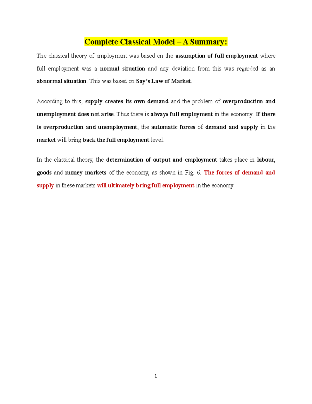 9 Complete Classical Model - This was based on Say’s Law of Market ...