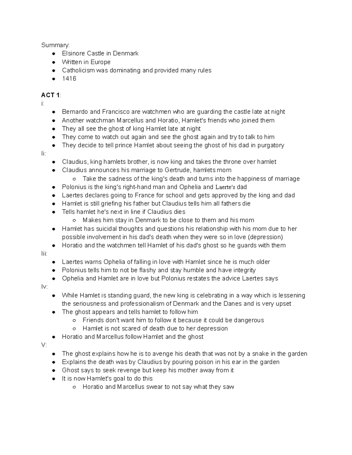 Hamlet Act Summaries - Summary: Elsinore Castle in Denmark Written in ...