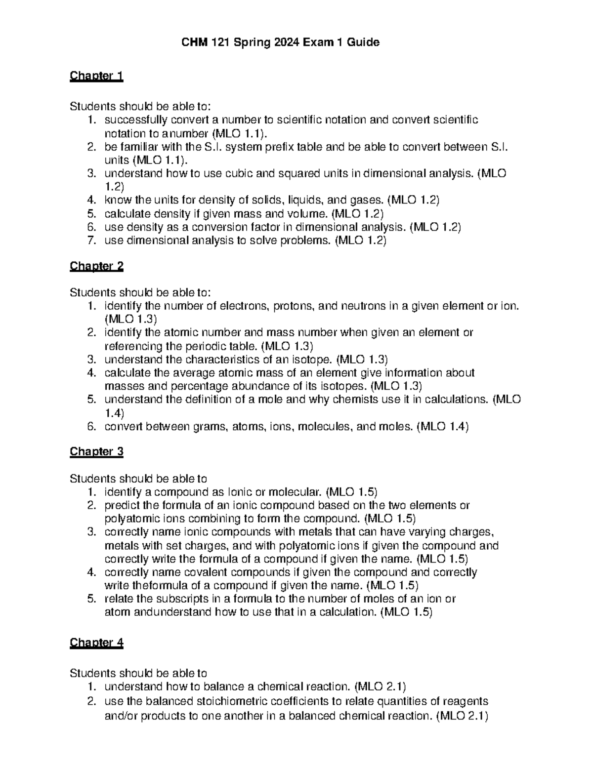 CHM 121 Exam 1 study guide - CHM 121 Spring 2024 Exam 1 Guide Chapter 1 ...