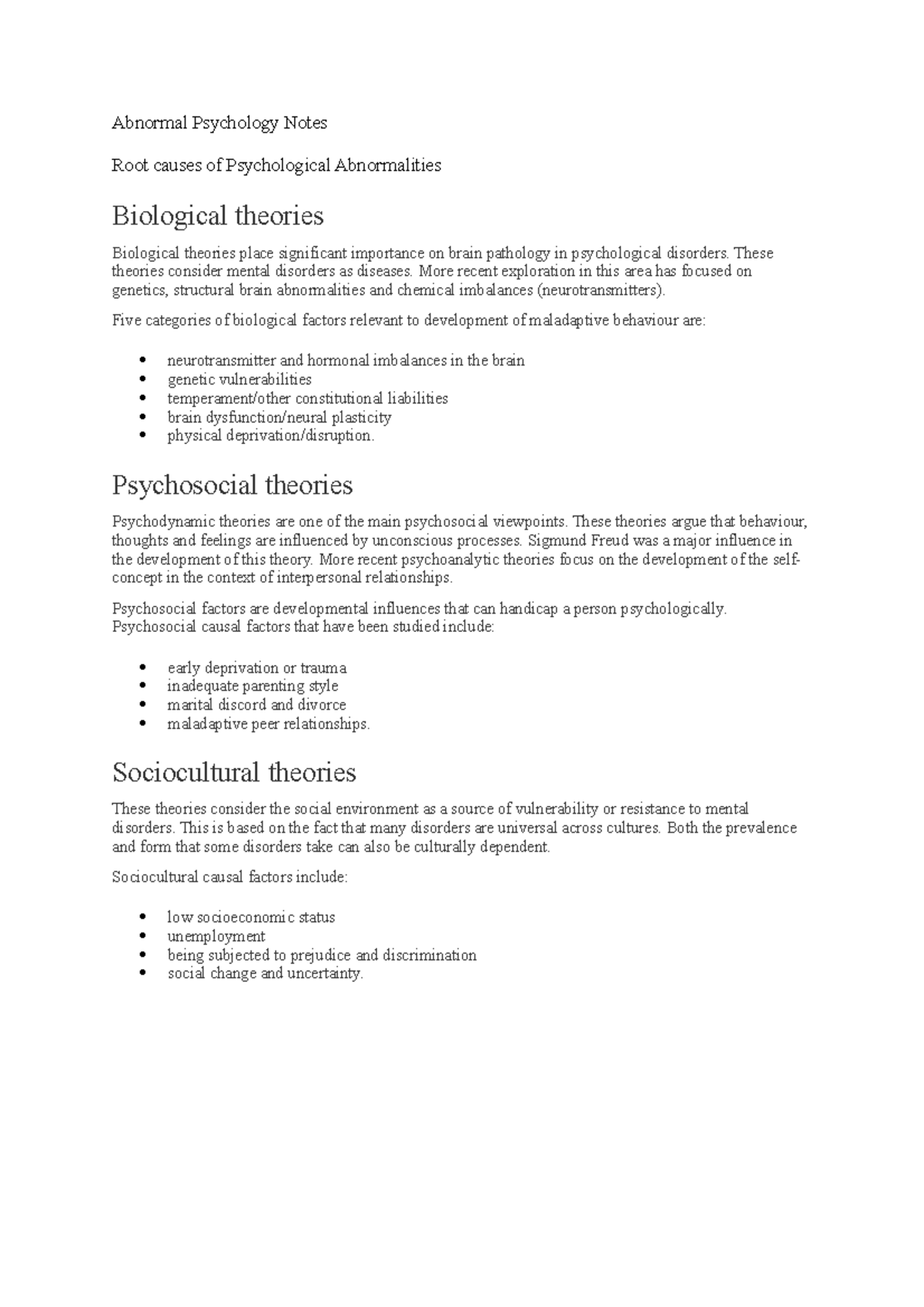 Abnormal Psychology Notes - These theories consider mental disorders as ...