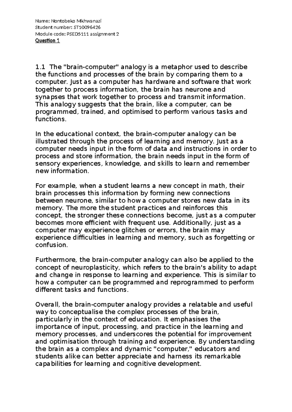 PSED5111 assignment 2 - Summary Bachelors Degree in Education ...