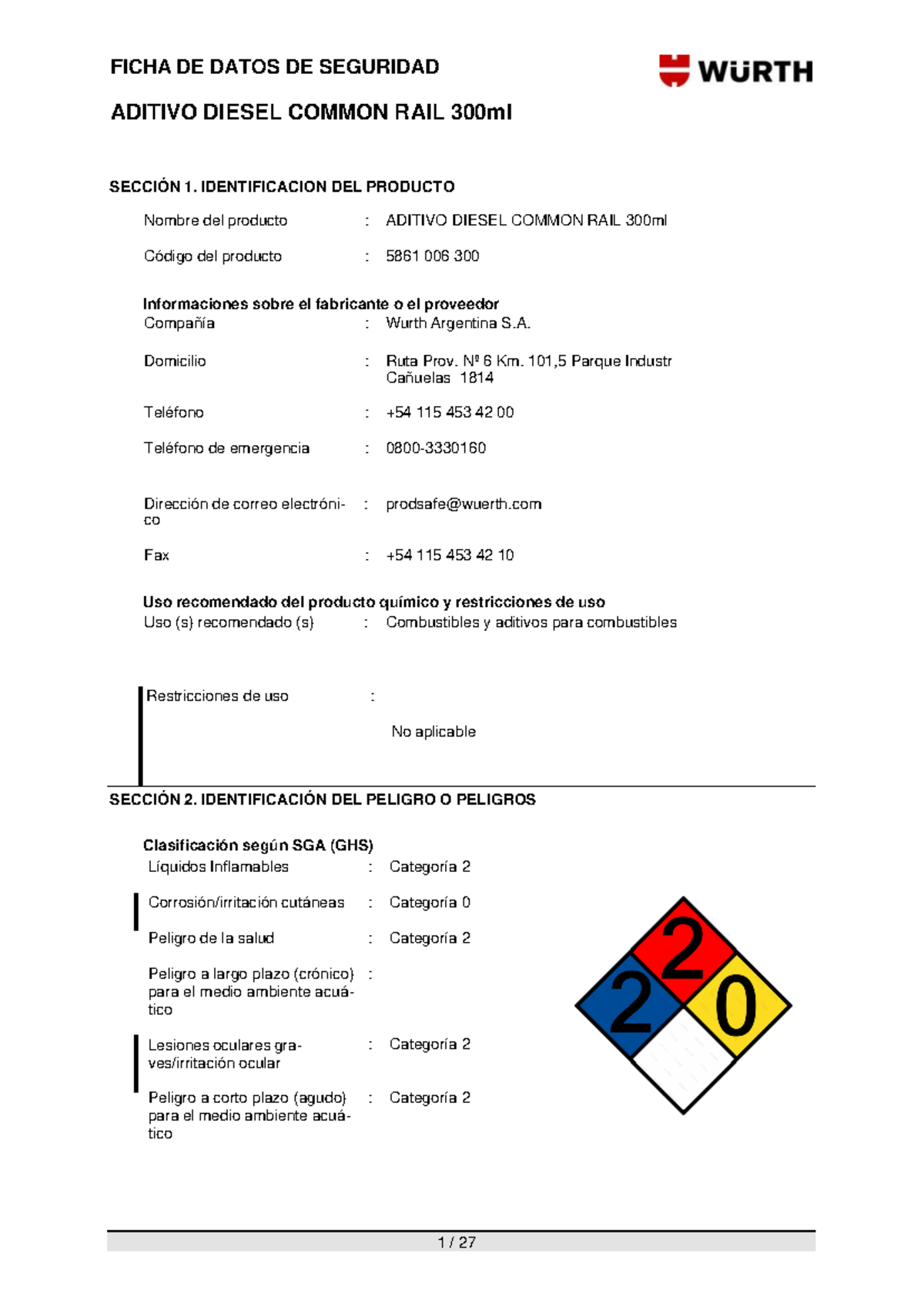 6. MSDS - Aditivo Diesel Common RAIL - ADITIVO DIESEL COMMON RAIL 300ml ...