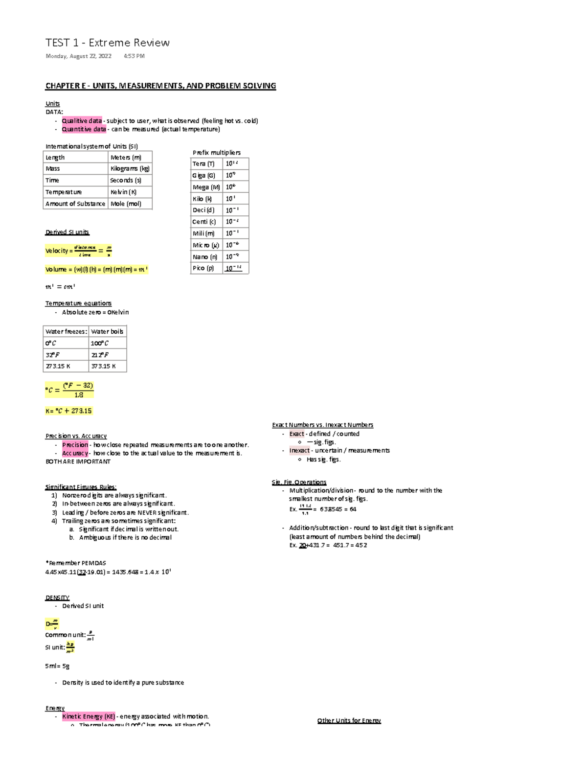 Test 1 Review - CHAPTER E - UNITS, MEASUREMENTS, AND PROBLEM SOLVING ...