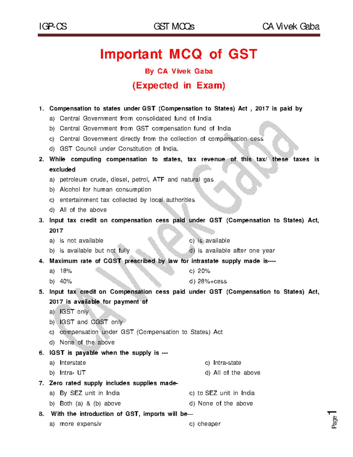 MCQs of GST By CA Vivek Gaba Sir - 1 Important MCQ of GST By CA Vivek ...