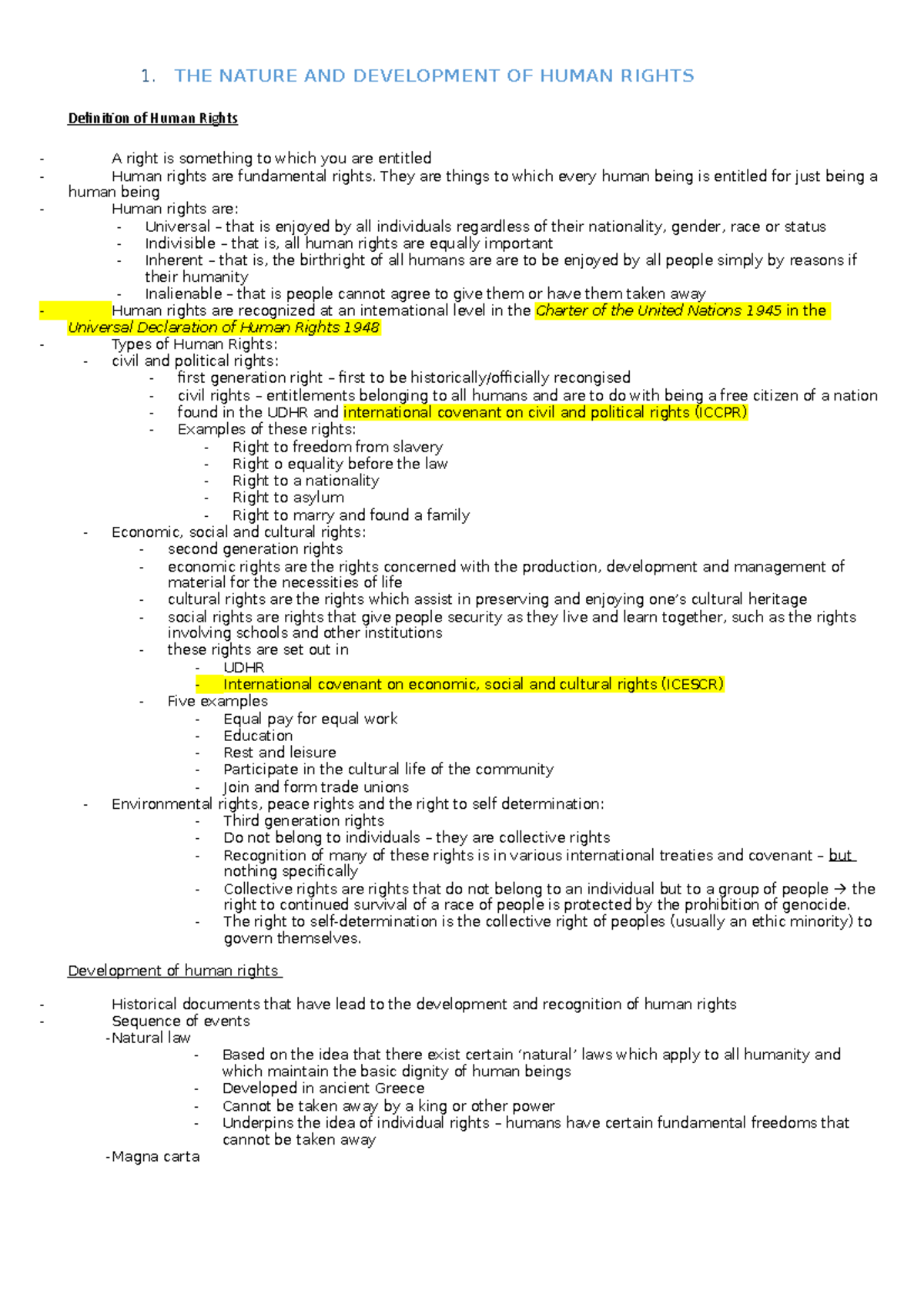 2. Human Rights Notes - syllabus point summary - 1. THE NATURE AND ...