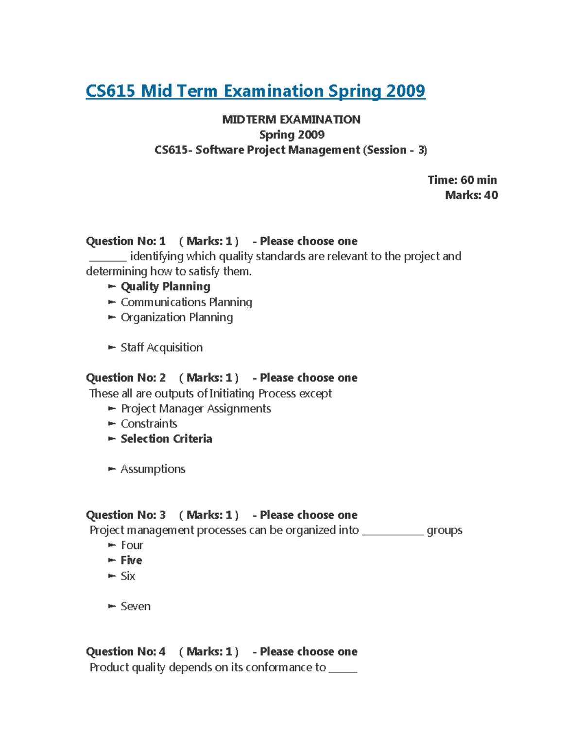 CS615 - MID TERM Paper 2 - Vvvvvvvv - CS615 Mid Term Examination Spring 2009 MIDTERM EXAMINATION ...