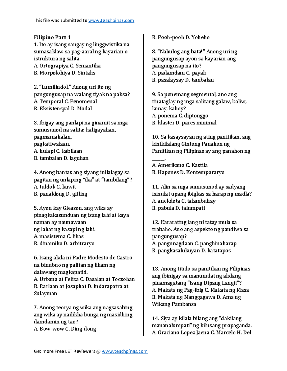 Part 1 Filipino www - Reviewer for LET - Filipino Part 1 Ito ay isang ...