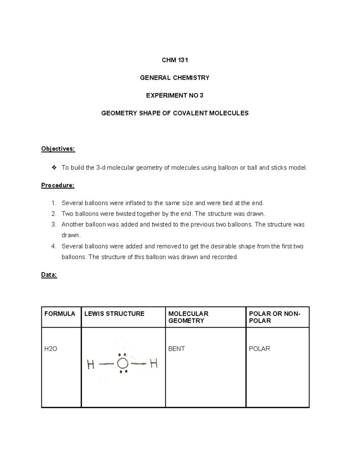 experiment 3 lab 3 - CHM 131 GENERAL CHEMISTRY EXPERIMENT NO 3 GEOMETRY ...