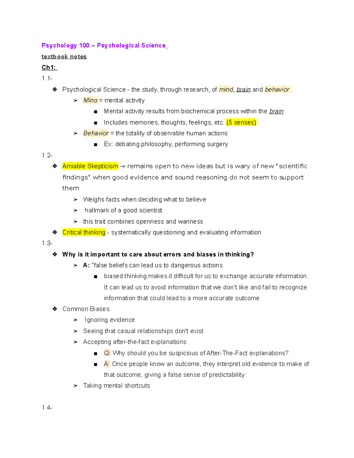 Psych 100 Textbook Notes - Psychology 100 – Psychological Science ...