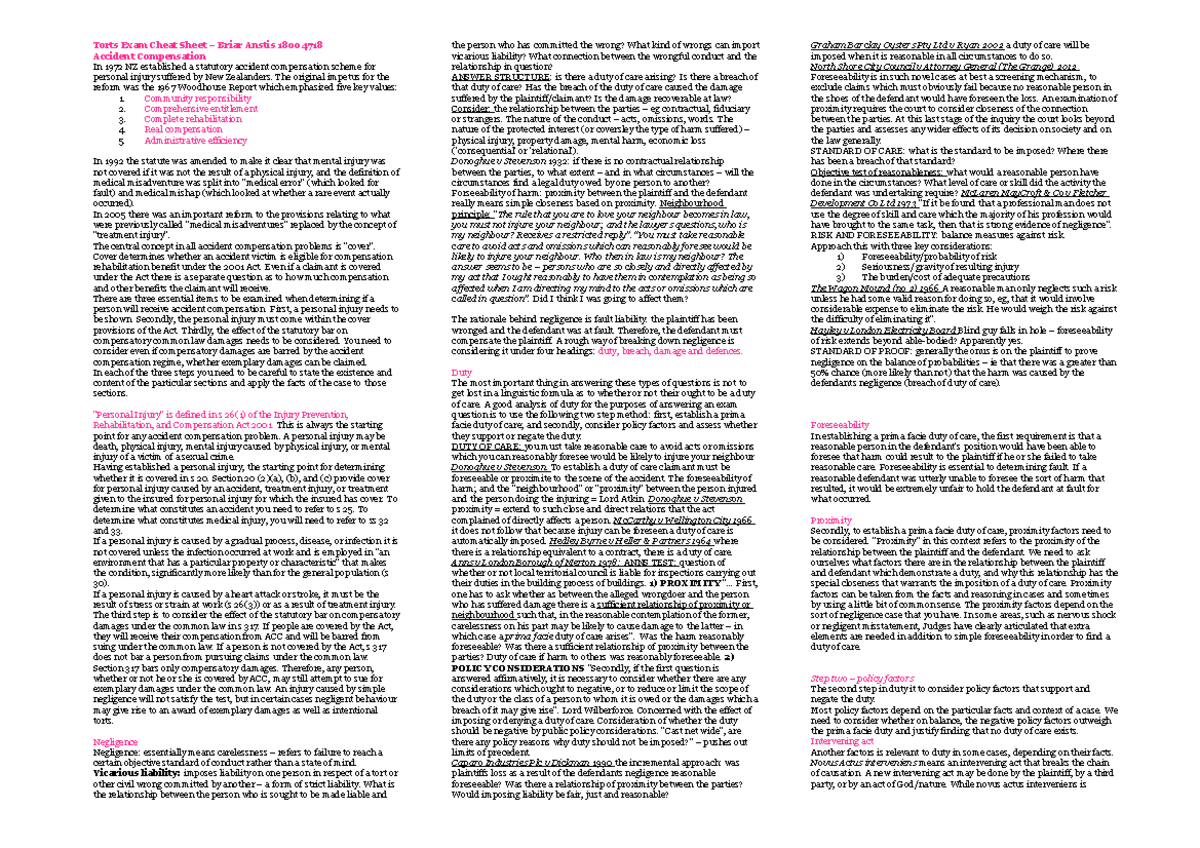 Torts Exam Cheat Sheet 19999 - Torts Exam Cheat Sheet – Briar Anstis ...