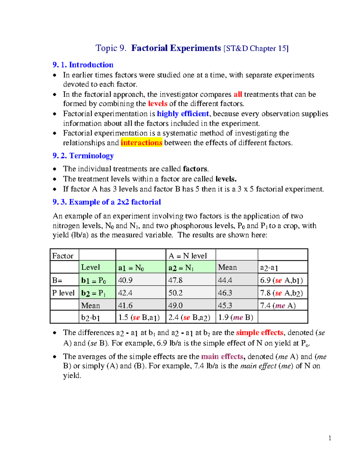 T9 Factorial - doe - Topic 9. Factorial Experiments [ST&D Chapter 15] 9. 1. Introduction In ...
