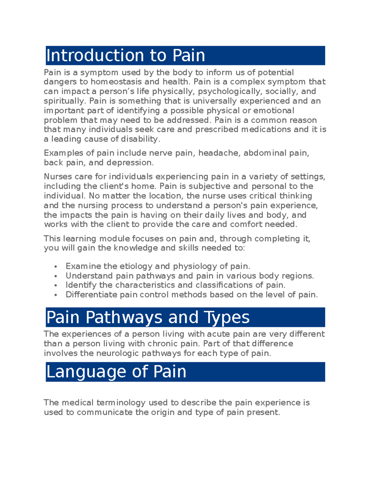 NR 283 - Edapt Unit 3 Pain - Introduction to Pain Pain is a symptom ...