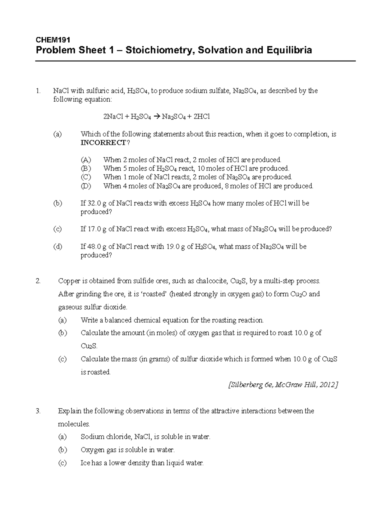 Problem Sheet 1 - CHEM Problem Sheet 1 – Stoichiometry, Solvation and ...