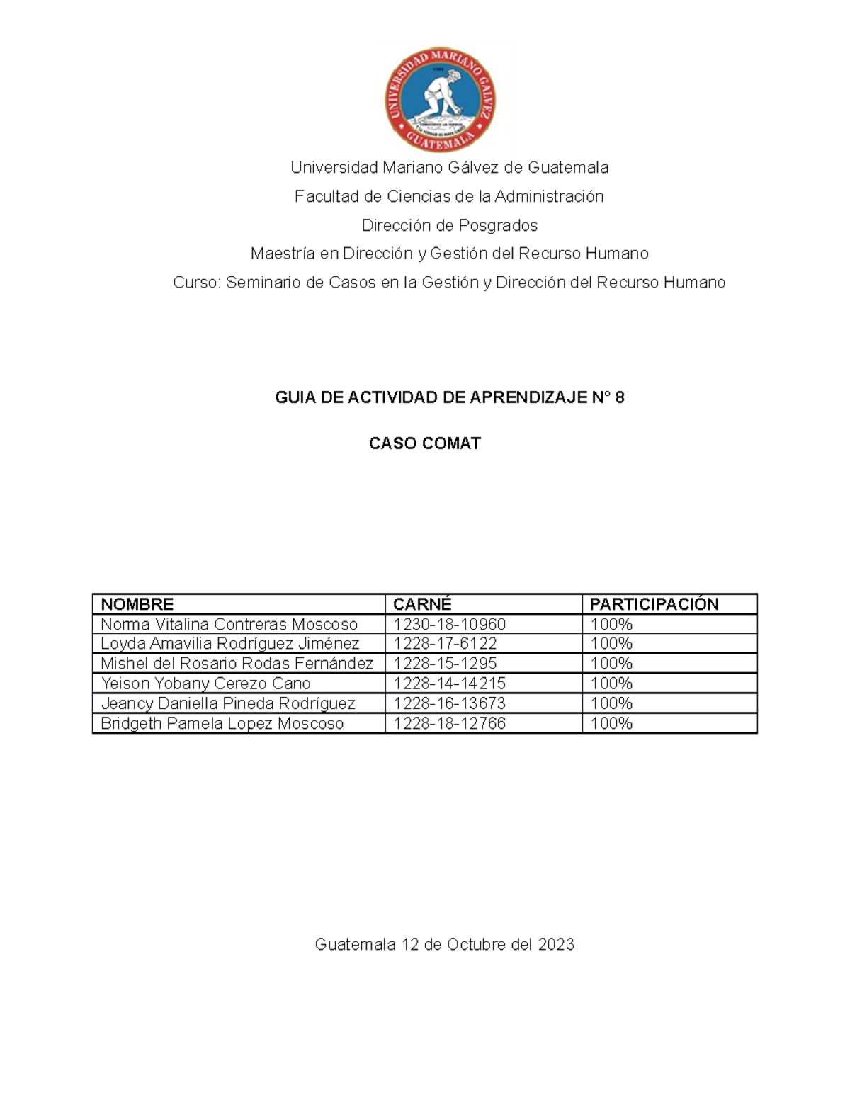 Resolucion CASO Comat - Universidad Mariano Gálvez de Guatemala Facultad de Ciencias de la - Studocu