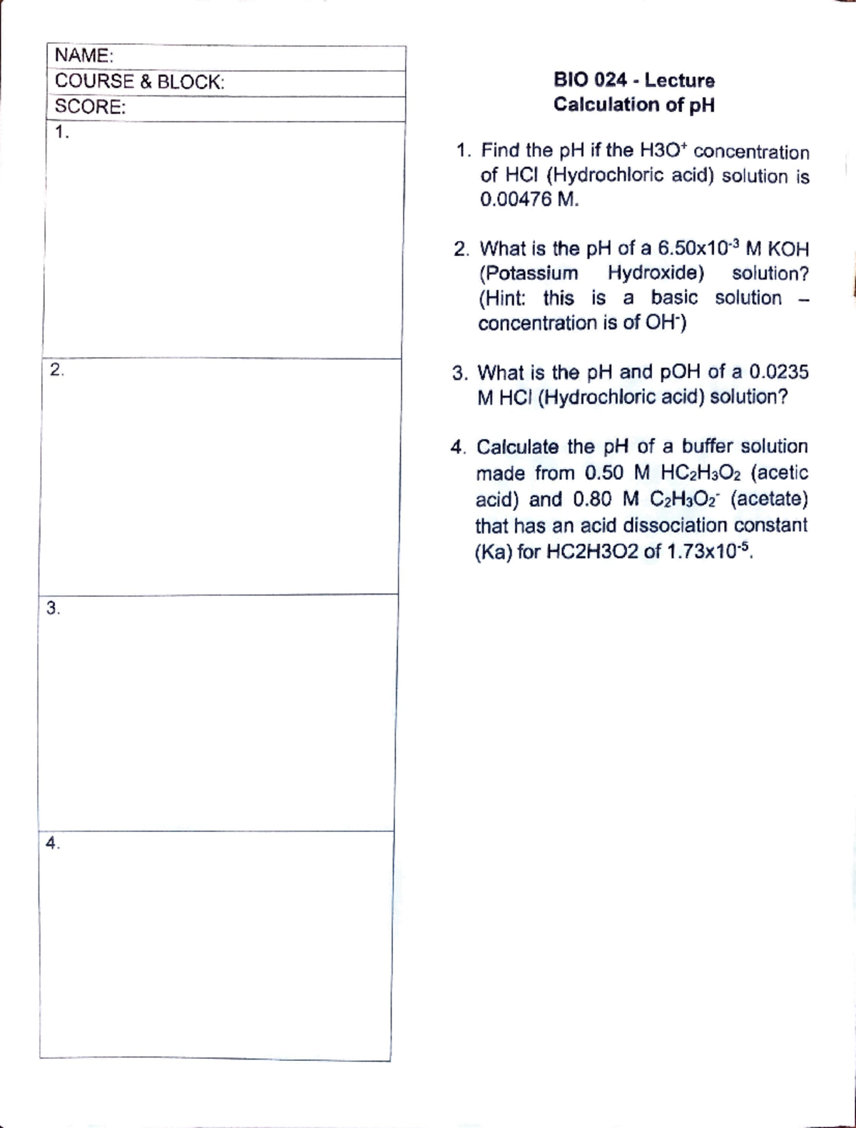 Bio 024 take home activity - NAME: COURSE & BLOCK: SCORE: 1. 3. 4. BIO ...