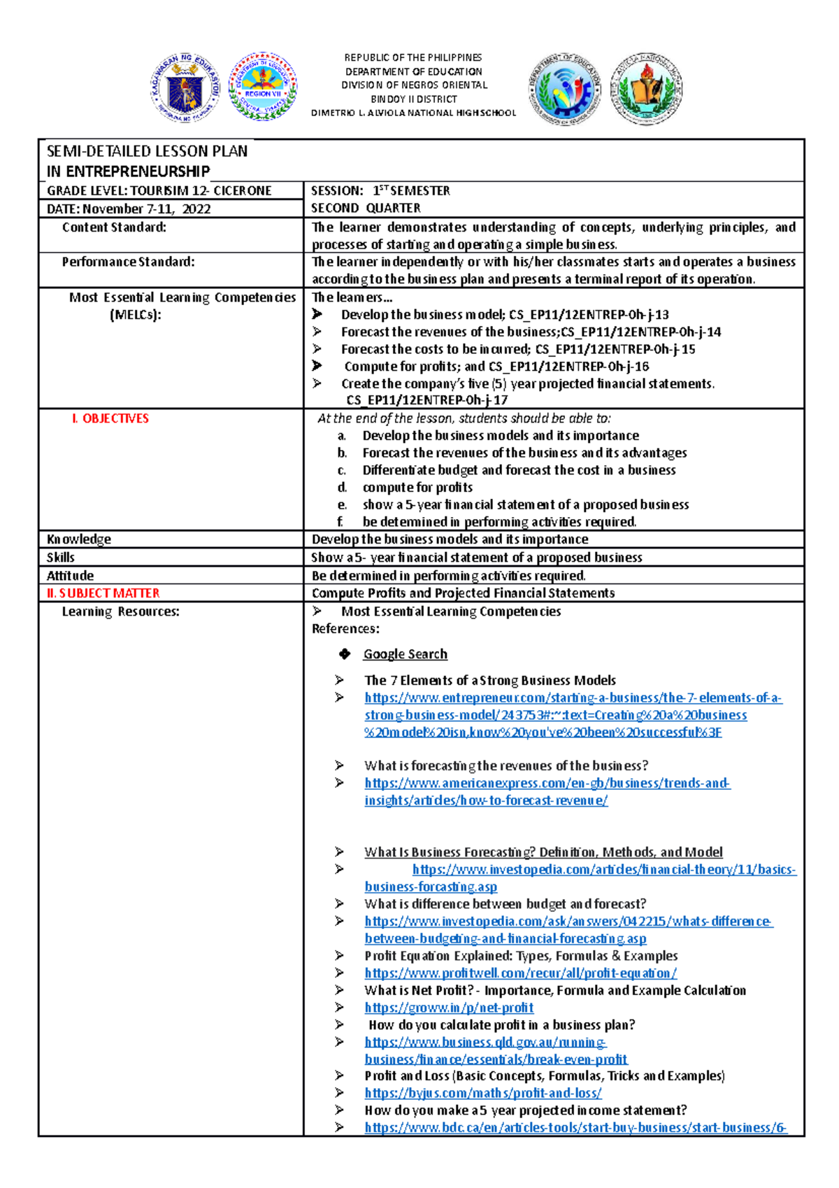 Entrep Q2 2 - DETAILED LESSON PLAN - REPUBLIC OF THE PHILIPPINES ...