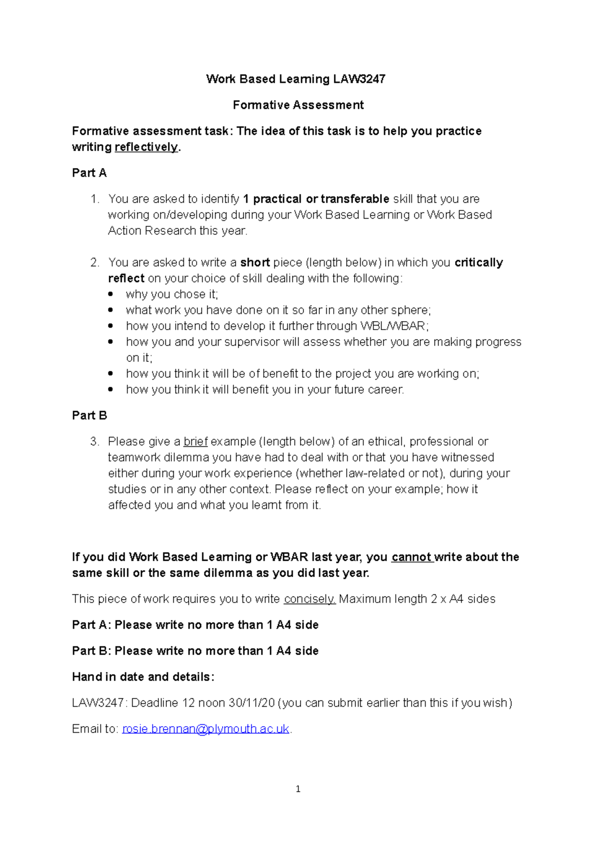 WBL Formative Assessment - Work Based Learning LAW Formative Assessment ...