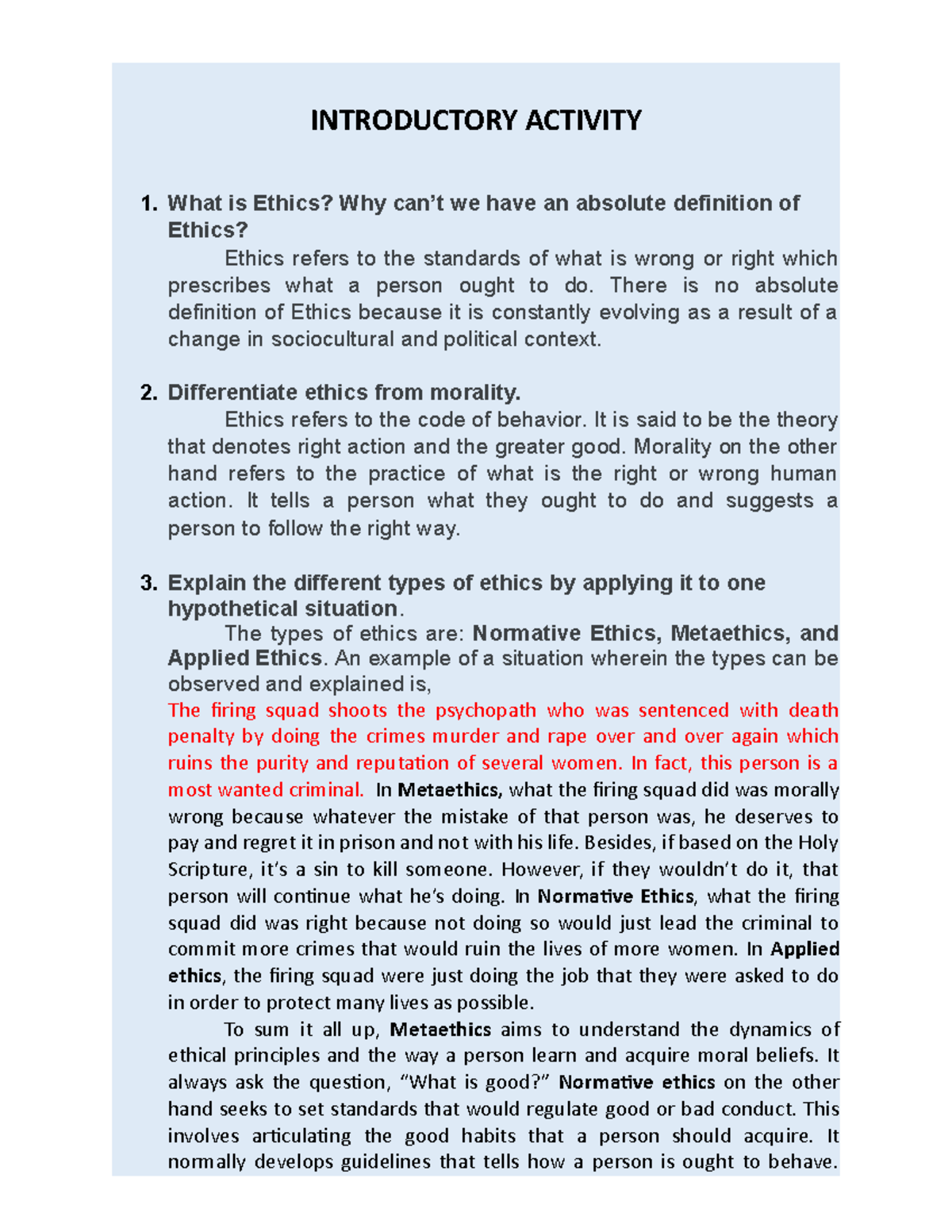 Introductory activity - INTRODUCTORY ACTIVITY What is Ethics? Why can’t ...