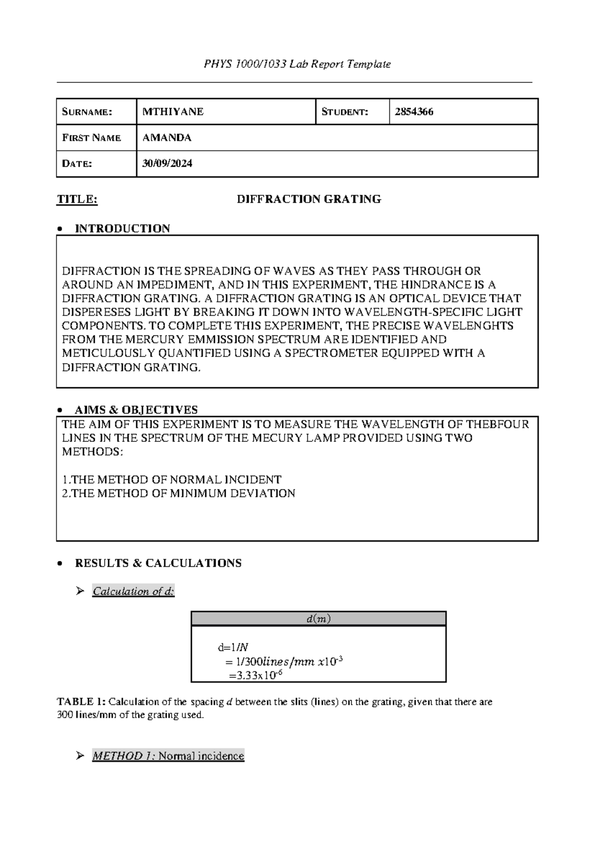 Exp08 Diffraction Grating Lab Report Template Phys 1000 1033 Lab
