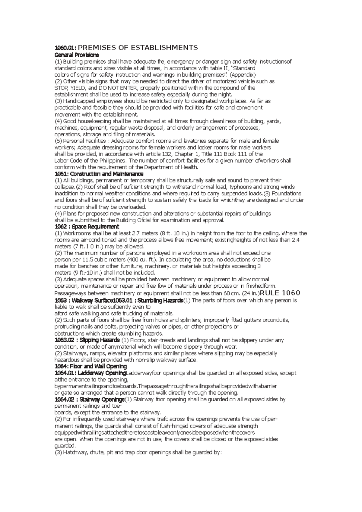 Osh 7 - osh notes - 1060. 01 : PREMISES OF ESTABLISHMENTS General ...