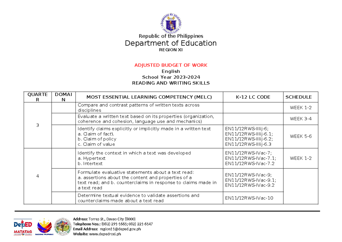 Adjusted SHS- Reading AND Writing Skills BOW - Republic of the ...