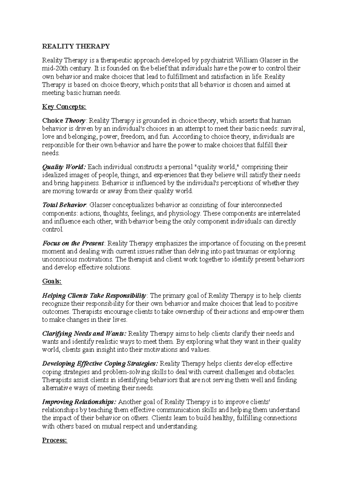 Counseling - REALITY THERAPY Reality Therapy is a therapeutic approach ...
