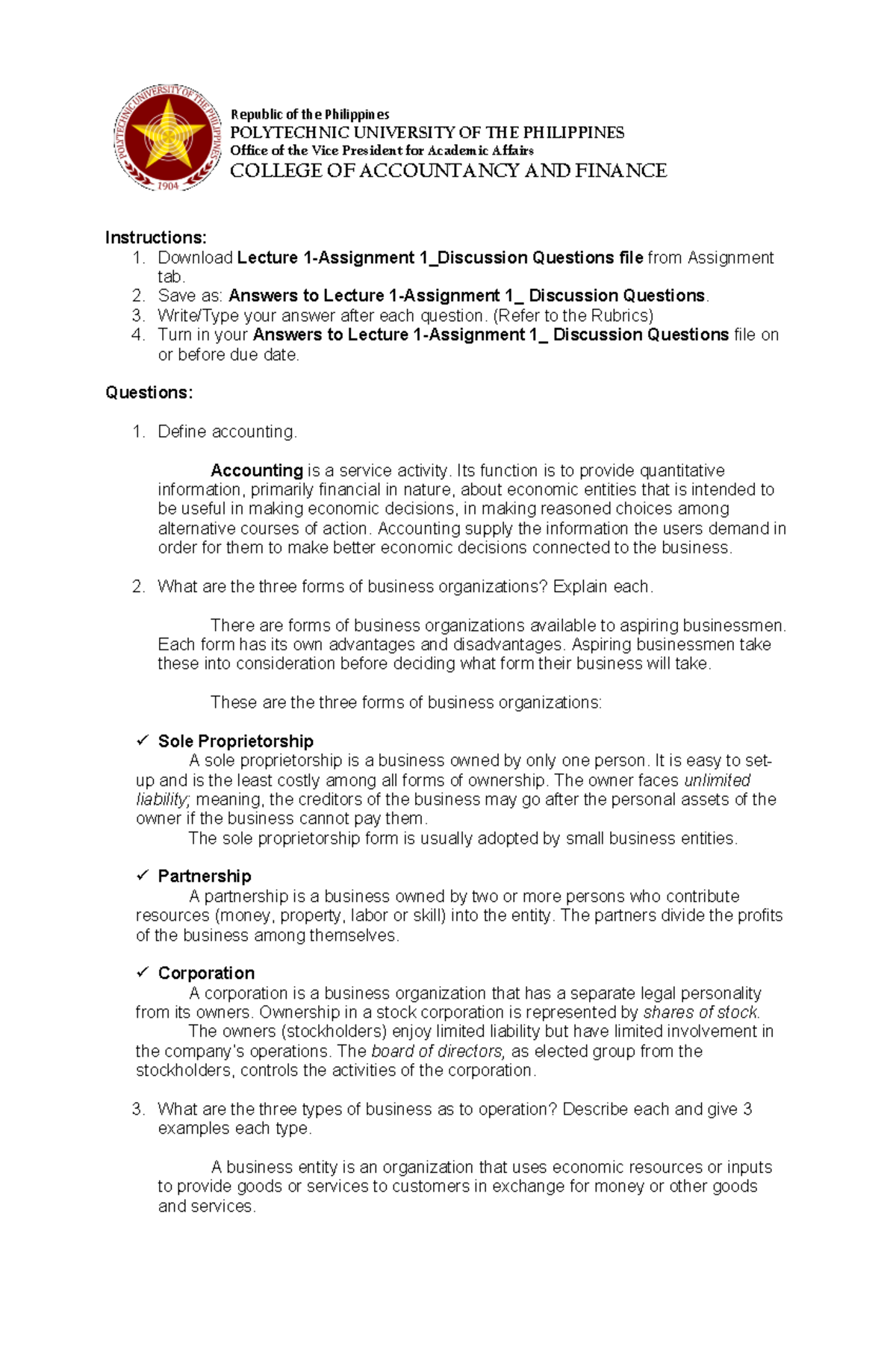 Answers to Lecture 1-Assignment 1 Discussion Questions - Republic of ...