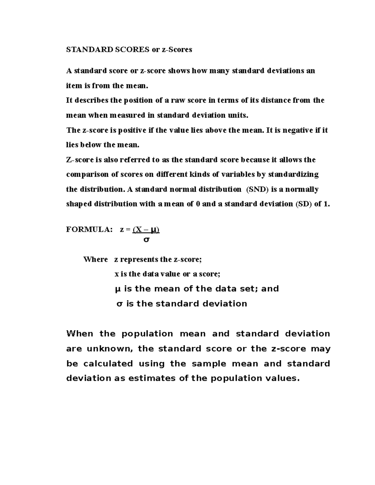 Standard Scores or z Scores - STANDARD SCORES or z-Scores A standard ...