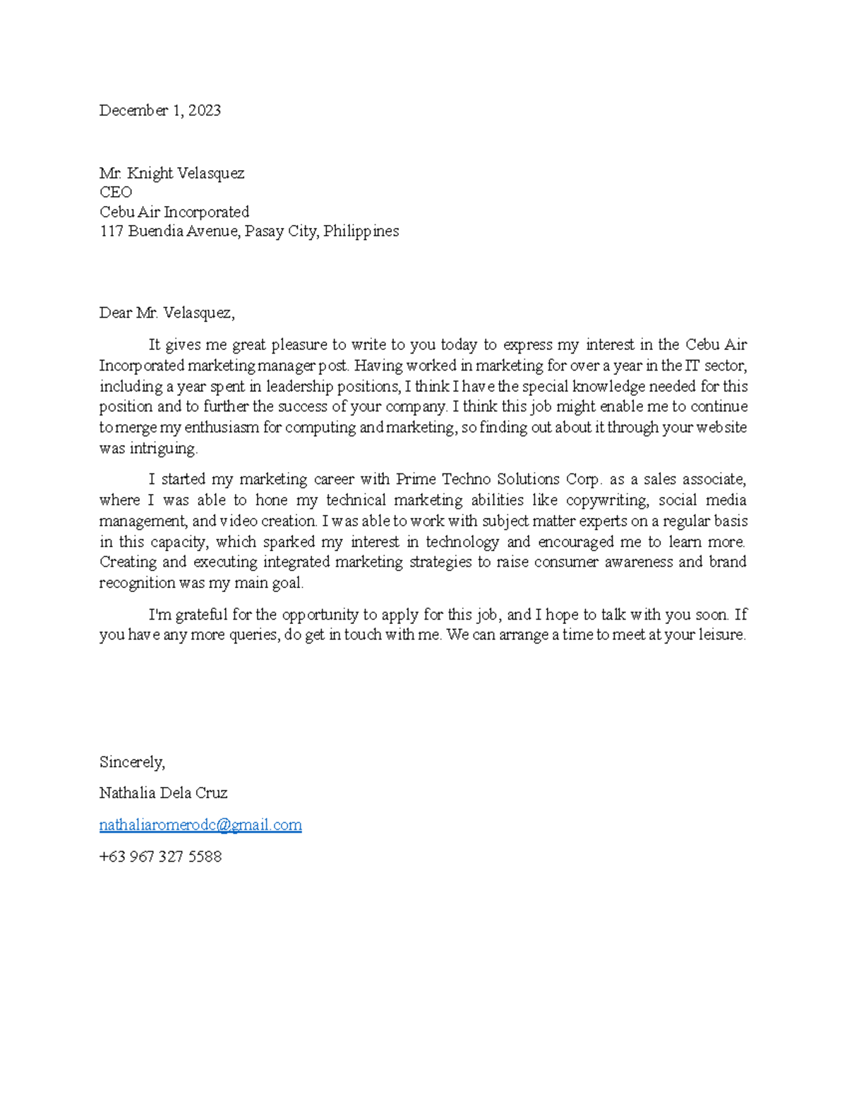 Application Letter Nathalia DELA CRUZ PDF - December 1 , 2023 Mr ...