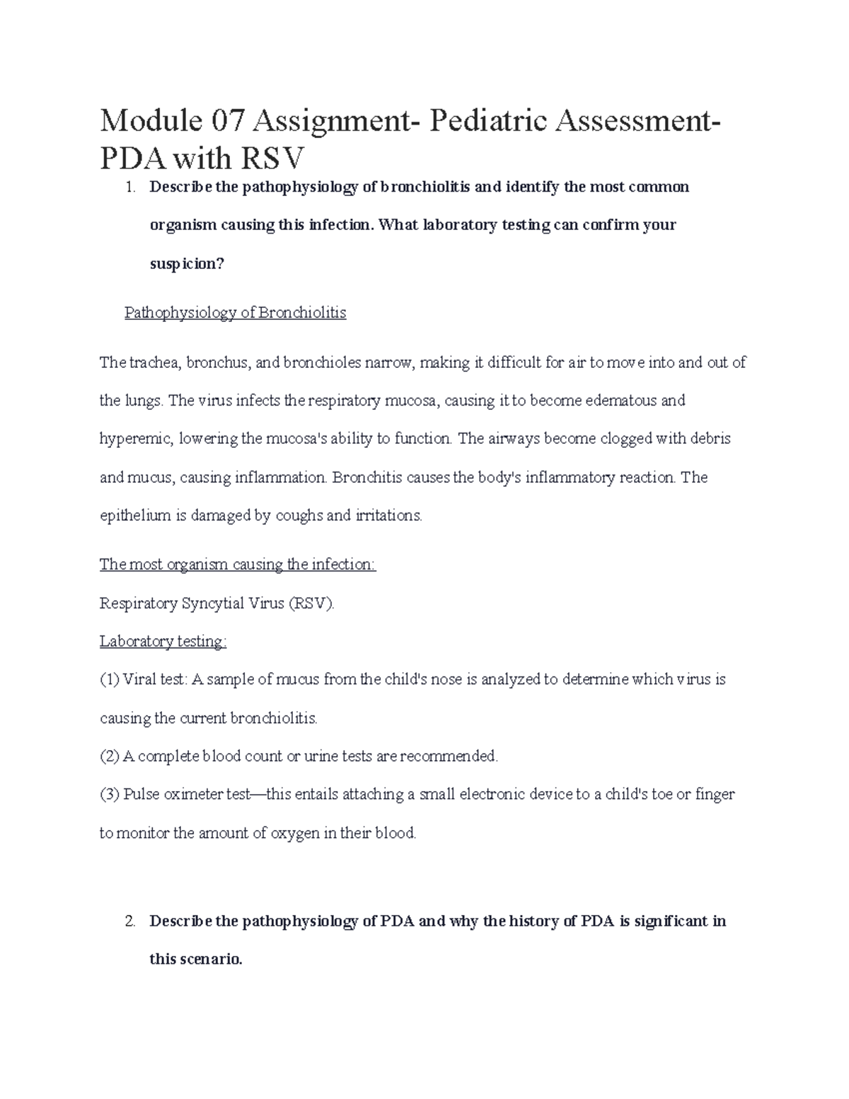 Module 07 Assignment MCN - Module 07 Assignment- Pediatric Assessment- PDA with RSV Describe the ...