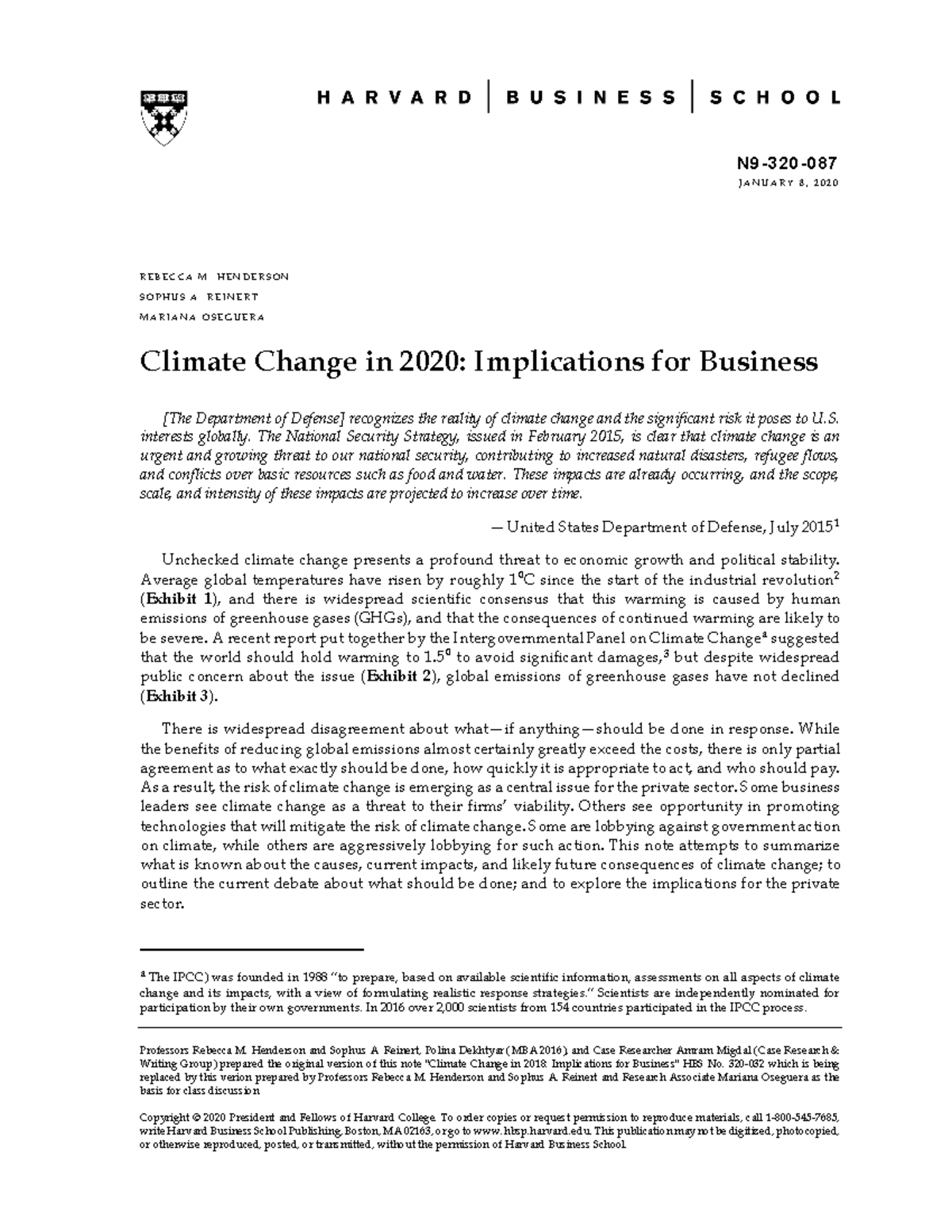 Harvard Case Climate Change in 2020 Implications in Business-1 - N 9 -3 ...