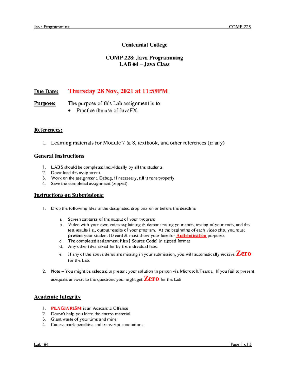 Lab4 - Java Programming COMP- 228 Lab #4 Page 1 of 3 Centennial College COMP 228: Java ...