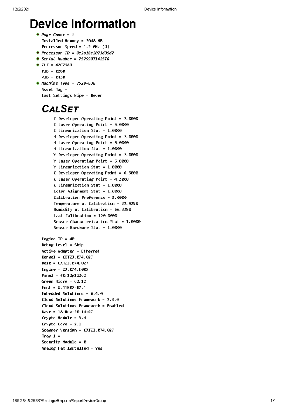 Lexmark CX622ade - 12/2/2021 Device Information 169.254.5/#/Settings ...