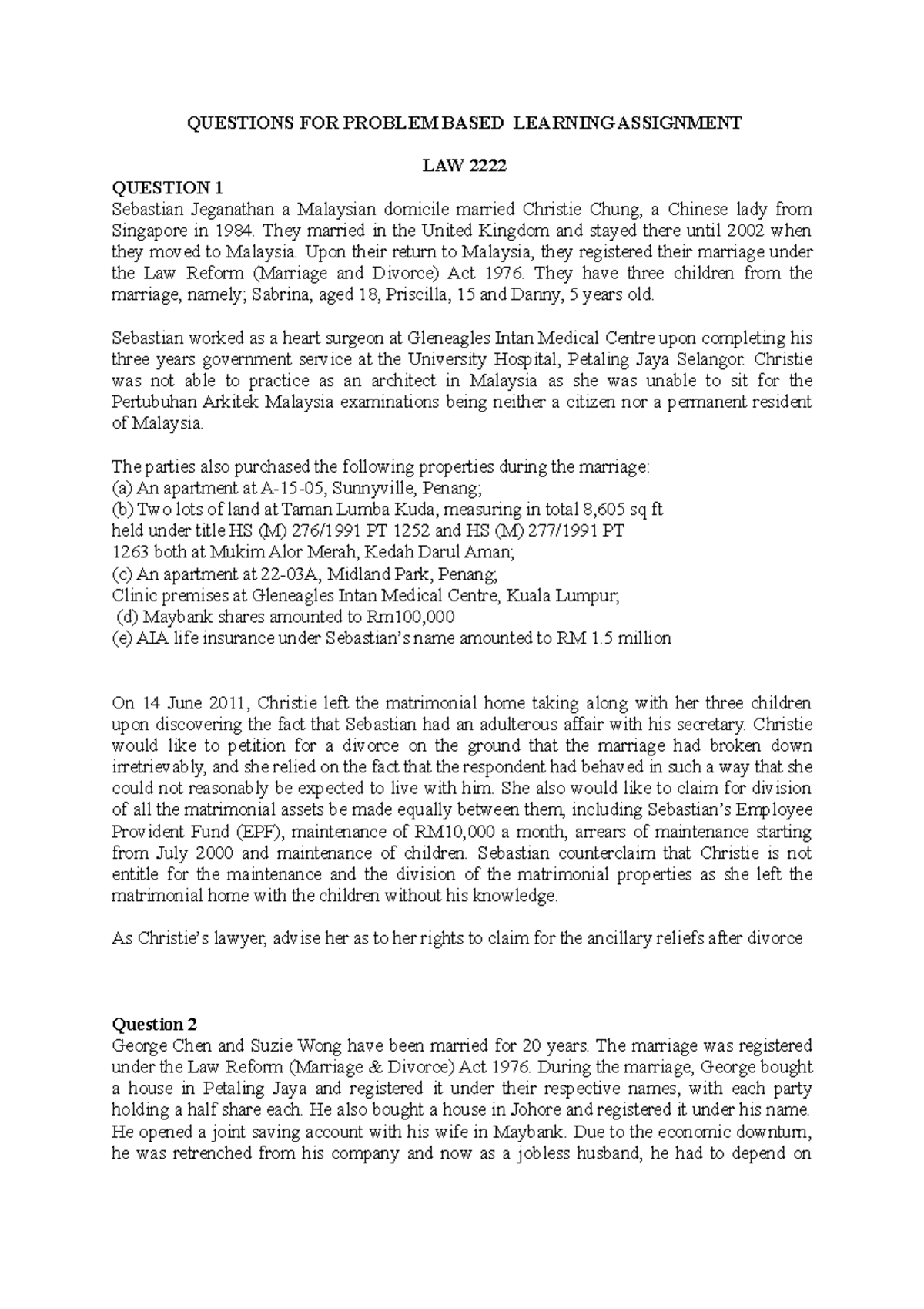 problem based questions - QUESTIONS FOR PROBLEM BASED LEARNING ...