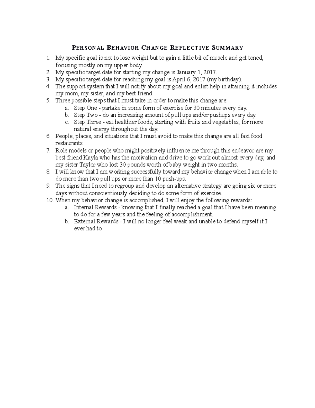 Personal Behavior Change Assessment - P ERSONAL B EHAVIOR C HANGE R ...