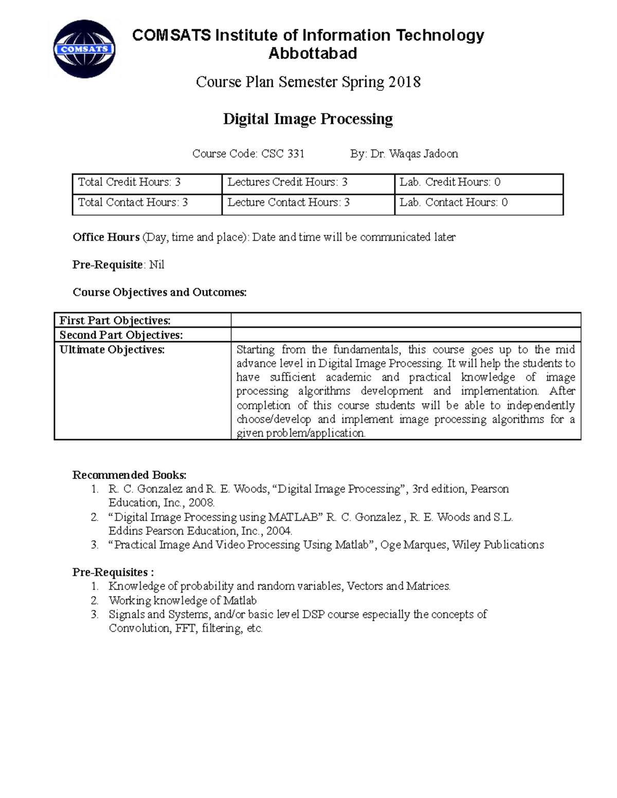 Course-Plan- DIP - Lecture on Chapter 1 - Course Plan Semester Spring ...