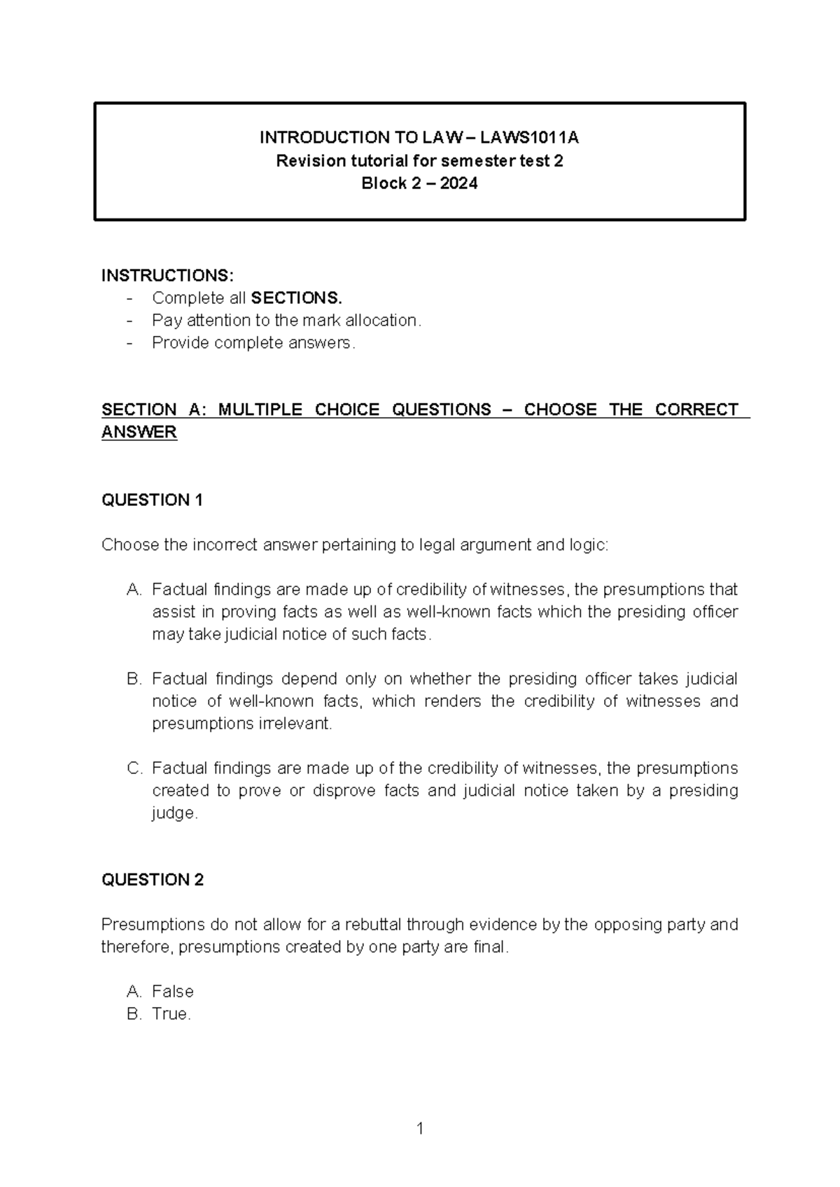 LAWS1011 Semester 1 Revision Tut 2 - INTRODUCTION TO LAW – LAWS1011A Revision tutorial for ...