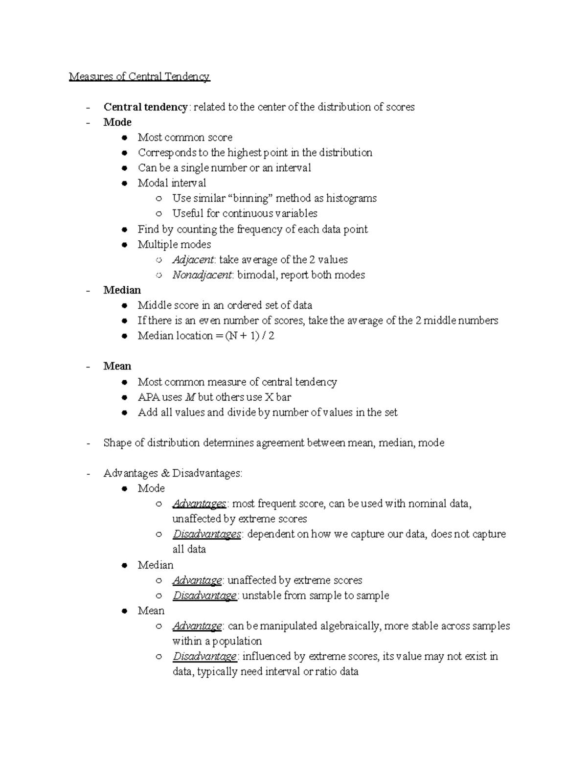 Statistics Notes on Measures - Measures of Central Tendency - Central ...