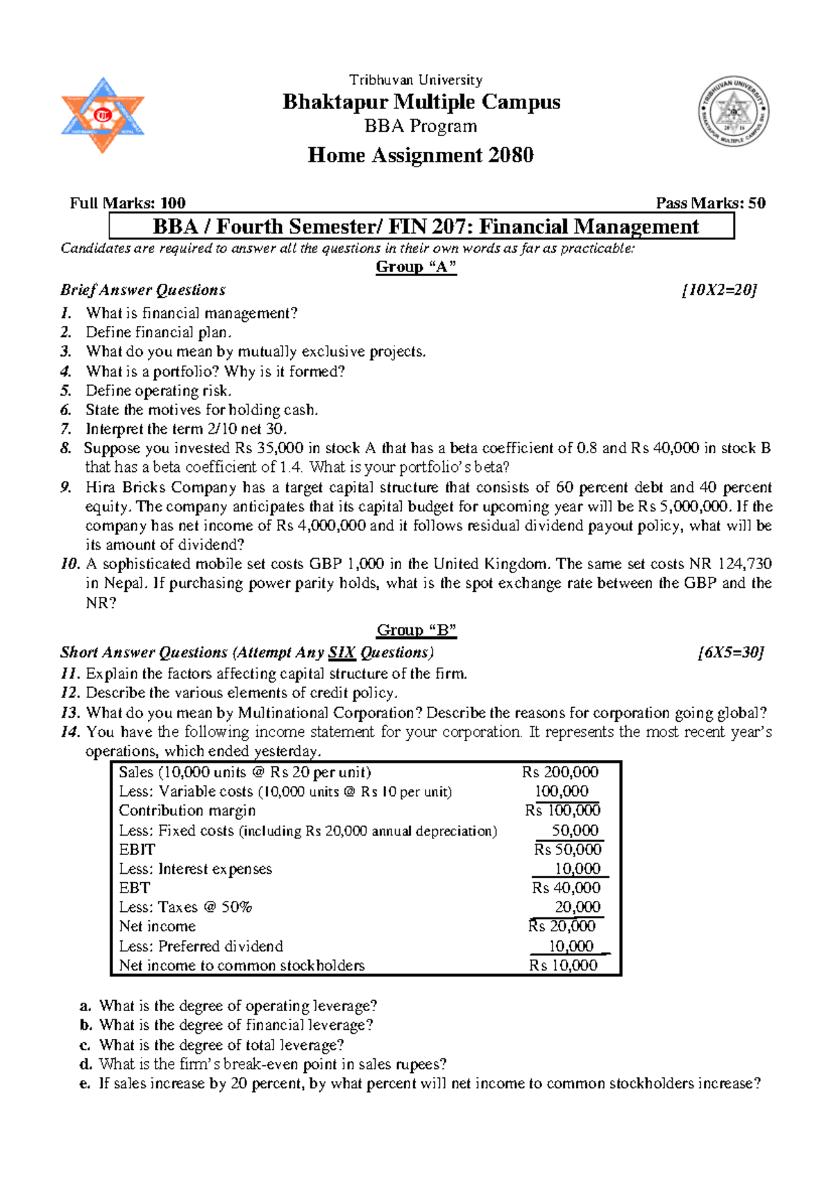 Financial Mgmt 2080 Home Assignment Que 2080 - Tribhuvan University ...
