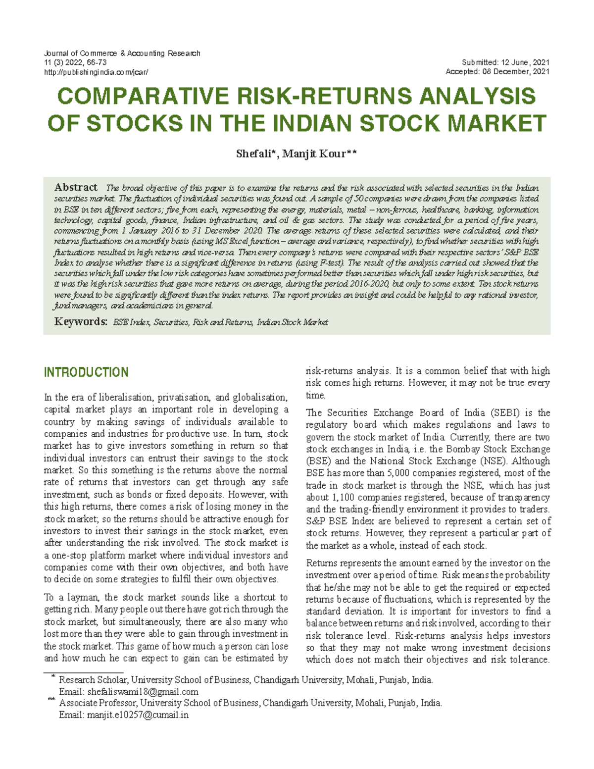 Comparative Risk Returns Analysis of Sto - COMPARATIVE RISK-RETURNS ANALYSIS OF STOCKS IN THE ...